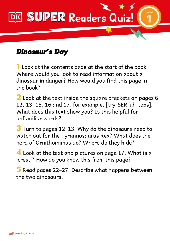 Level 1 Dinosaurs Day Comprehension Quiz