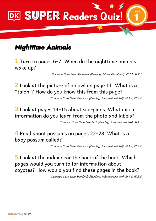 Level 1 Nighttime Animals Comprehension Quiz