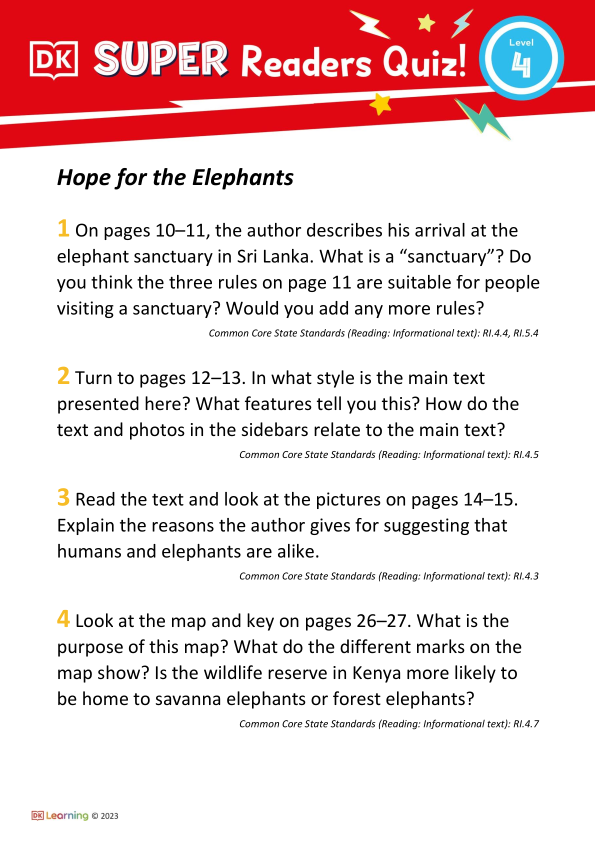 Level 4 Hope for the Elephants Comprehension Quiz