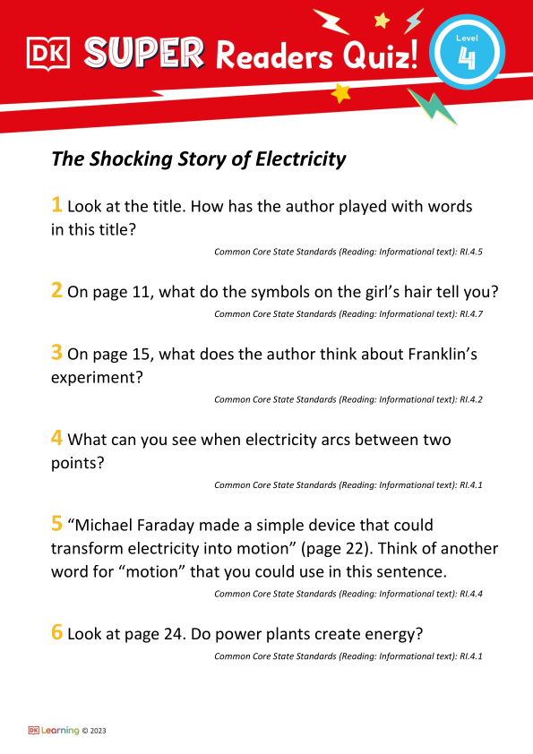 Level 4 The Shocking Story of Electricity Comprehension Quiz