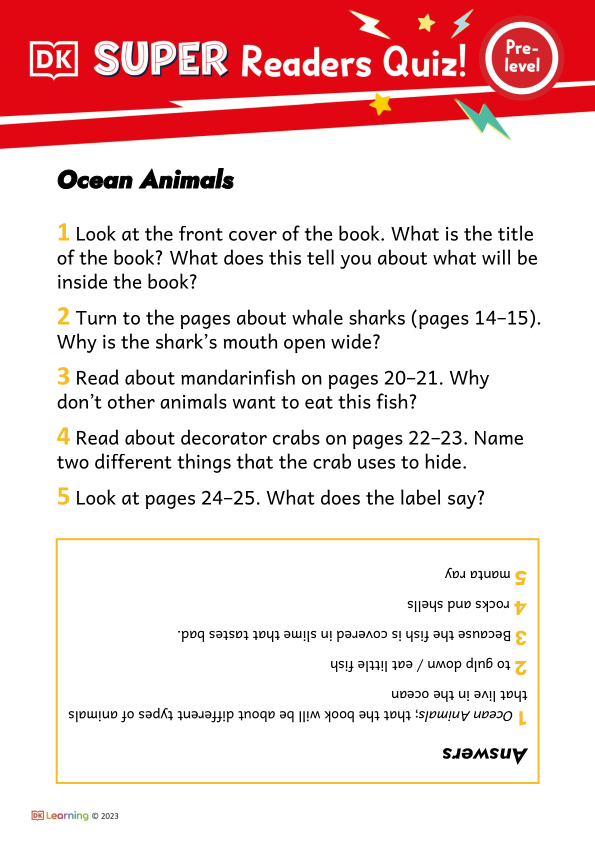 Pre-Level Ocean Animals Comprehension Quiz