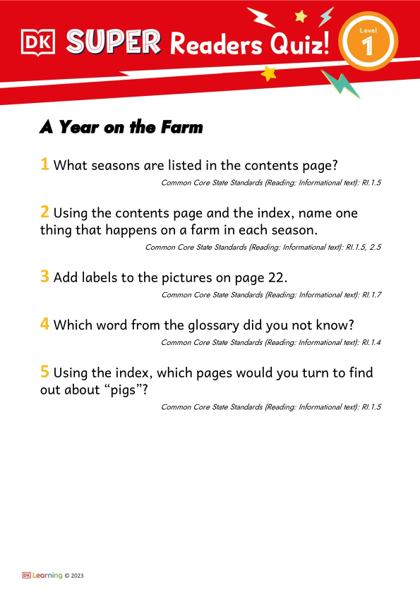 Level 1 A Year on the Farm Comprehension Quiz