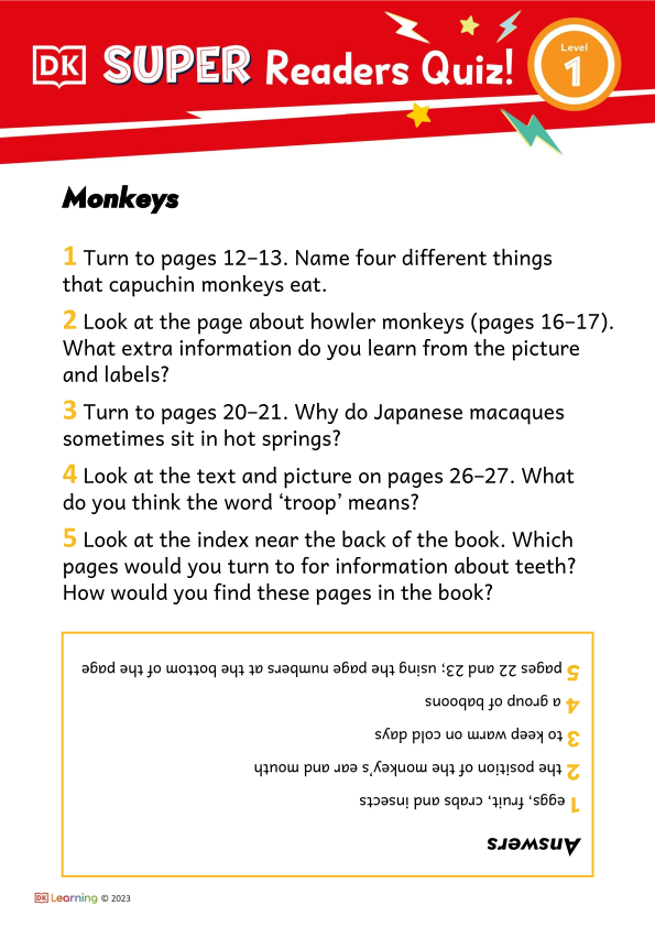 Level 1 Monkeys Comprehension Quiz
