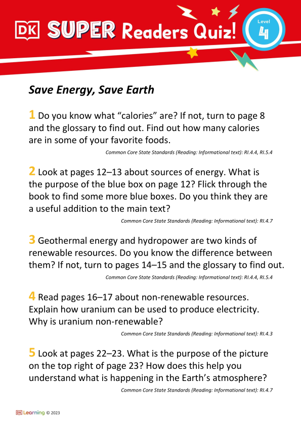 Level 4 Save Energy, Save Earth Comprehension Quiz