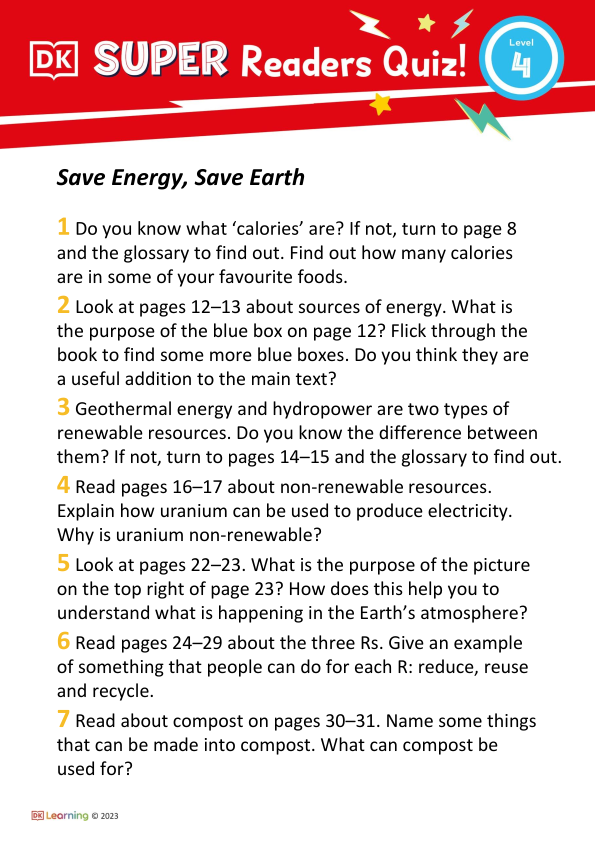 Level 4 Save Energy, Save Earth Comprehension Quiz