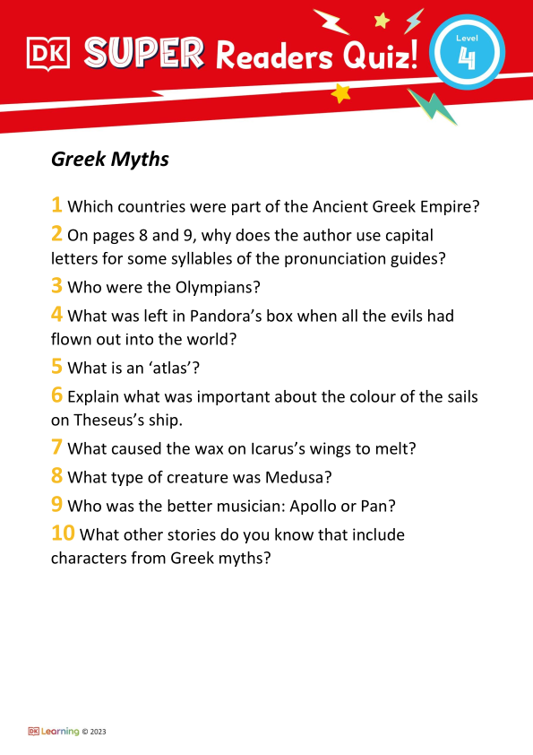 Level 4 Greek Myths Comprehension Quiz