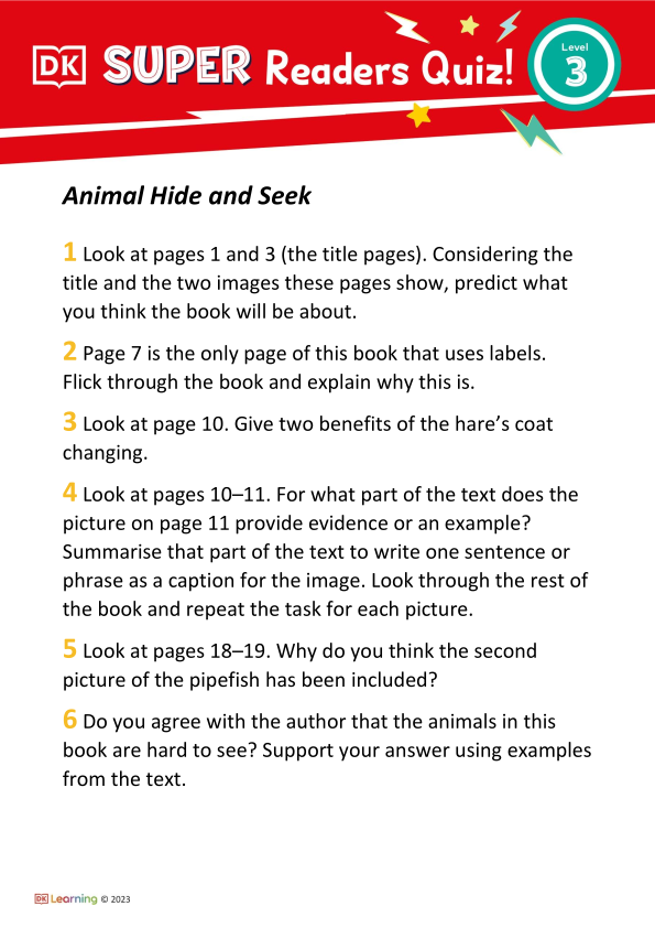 Level 3 Animal Hide and Seek Comprehension Quiz