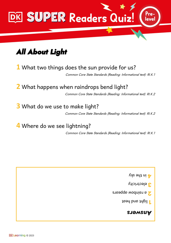 Pre-level All About Light Comprehension Quiz