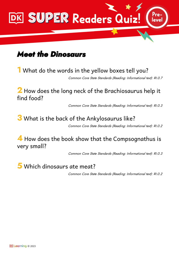 Pre-level Meet the Dinosaurs Comprehension Quiz