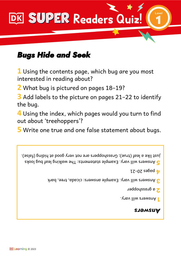 Level 1 Bugs Hide and Seek Comprehension Quiz