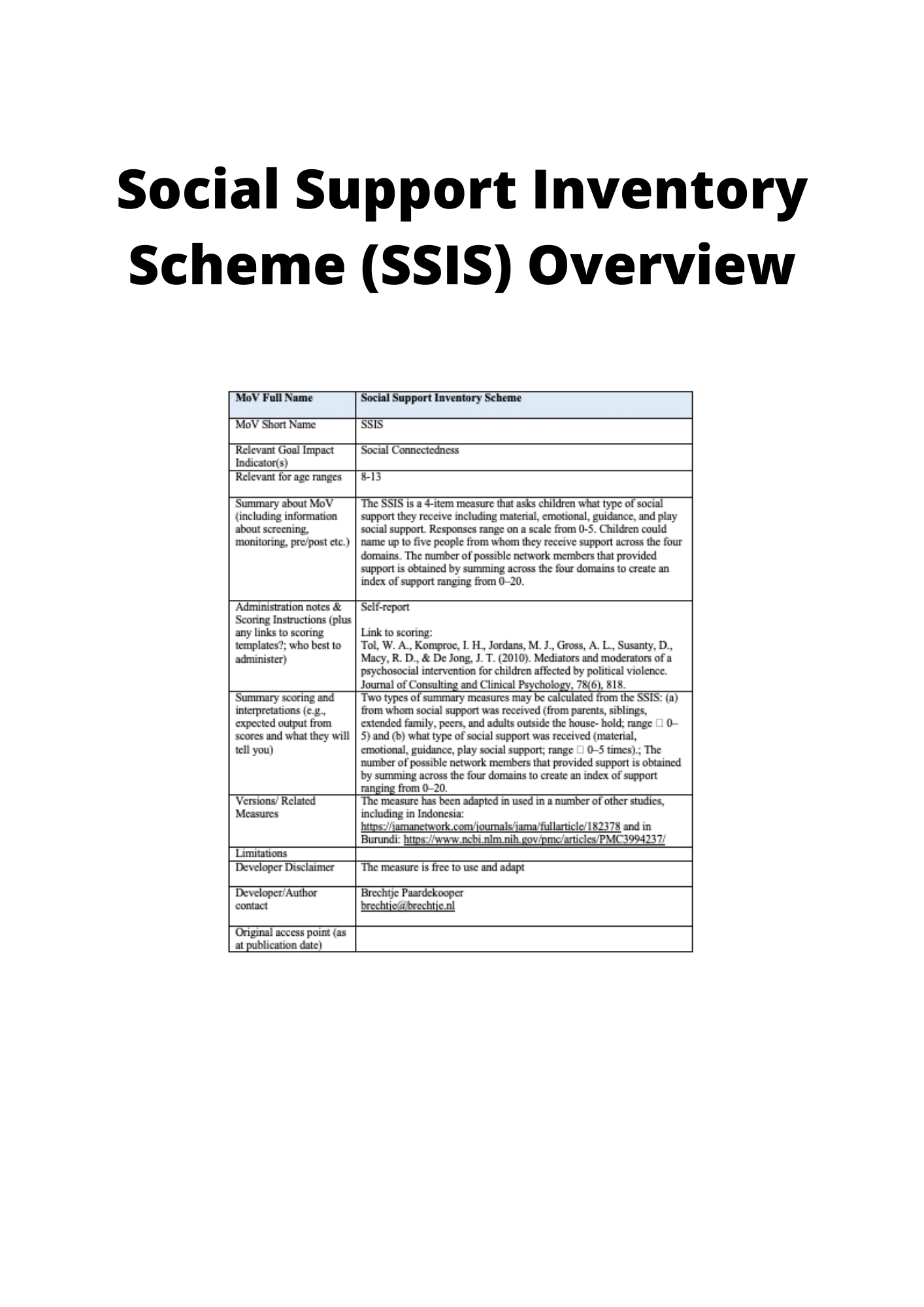 SOCIAL SUPPORT INVENTORY SCHEME (SSIS) OVERVIEW - IASC MHPSS M&E FRAMEWORK MOV Toolkit - The ...