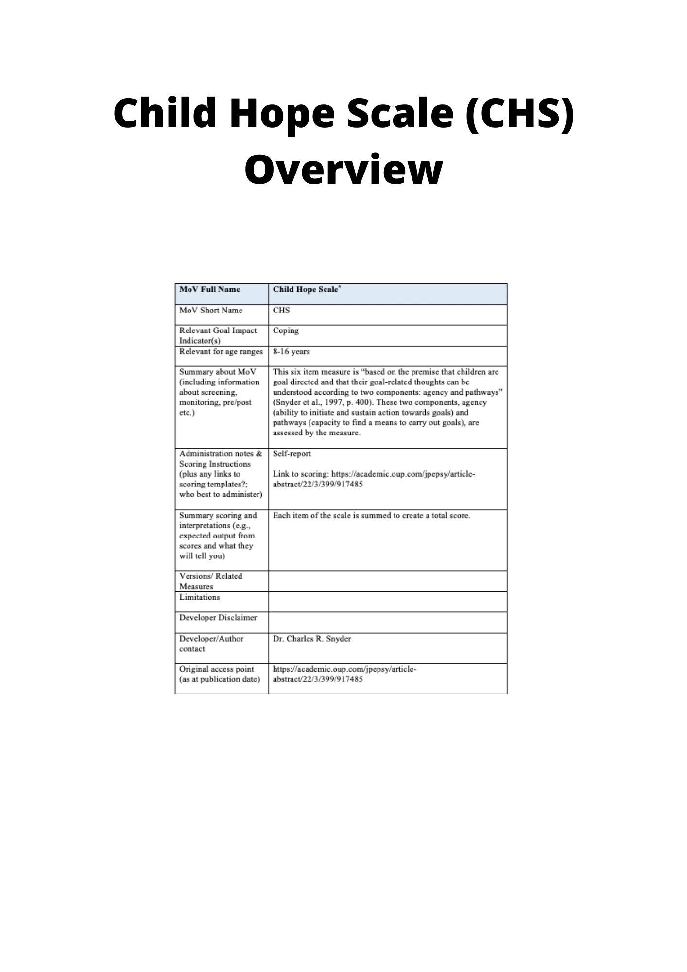 CHILDREN’S HOPE SCALE OVERVIEW - IASC MHPSS M&E FRAMEWORK MOV Toolkit ...