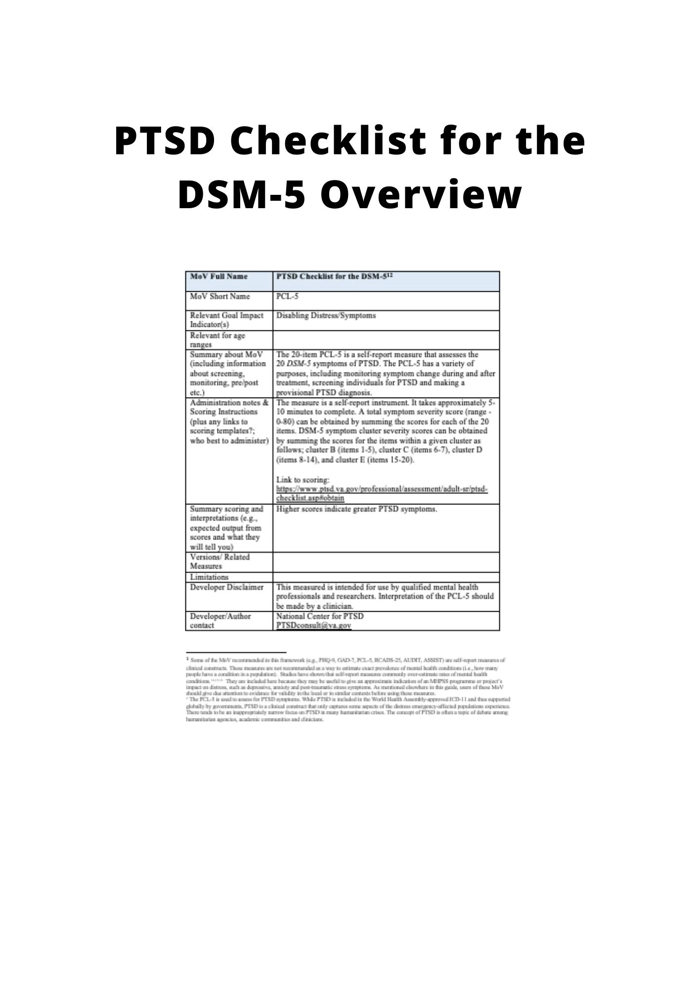 PTSD CHECKLIST FOR THE DSM-5 OVERVIEW - IASC MHPSS M&E FRAMEWORK MOV ...