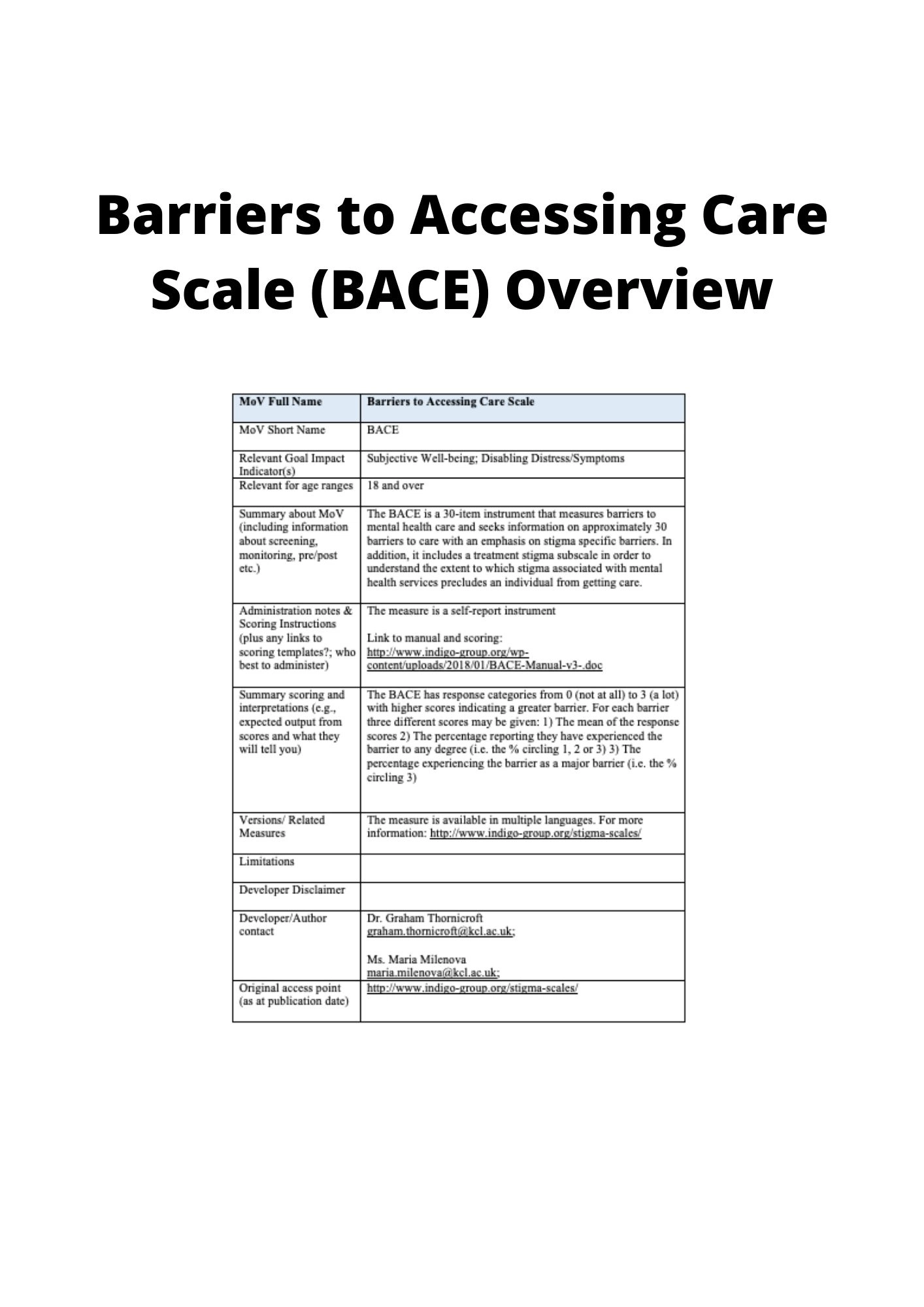 BARRIERS TO ACCESSING CARE SCALE (BACE) OVERVIEW - IASC MHPSS M&E ...