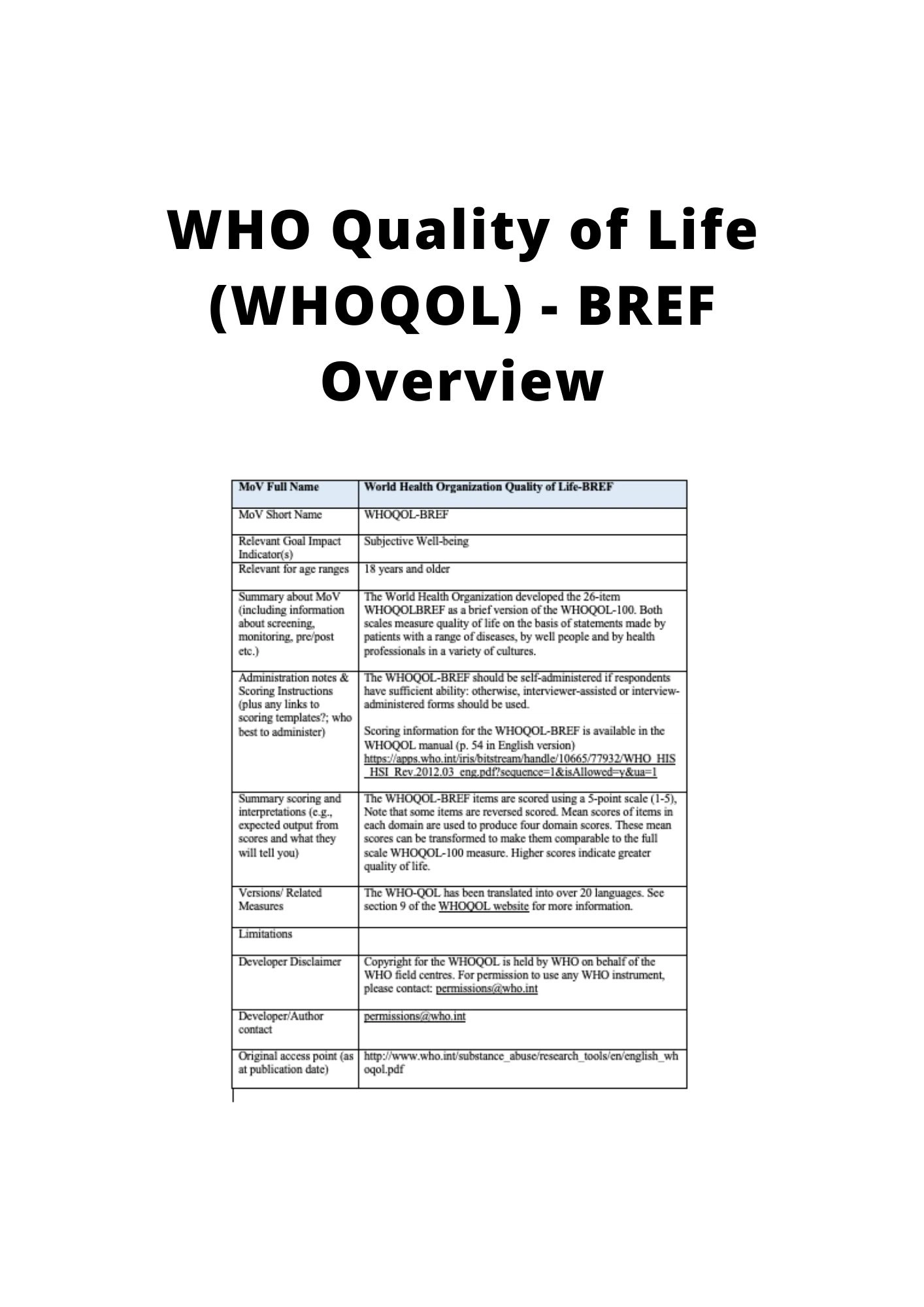 WHO QUALITY OF LIFE (WHOQOL) – BREF OVERVIEW - IASC MHPSS M&E FRAMEWORK MOV Toolkit - The MHPSS ...
