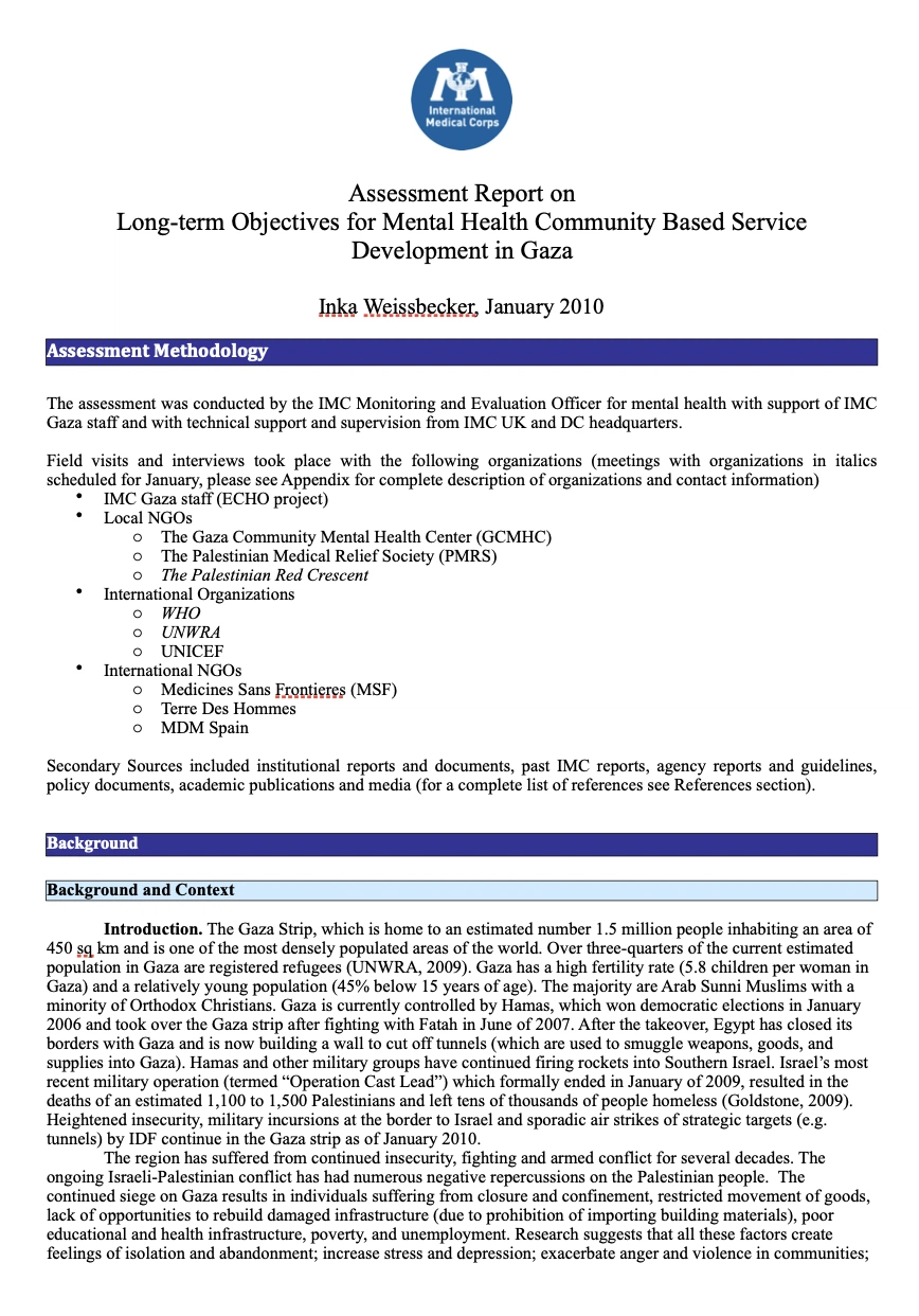 Assessment report on long-term objectives for mental health community ...