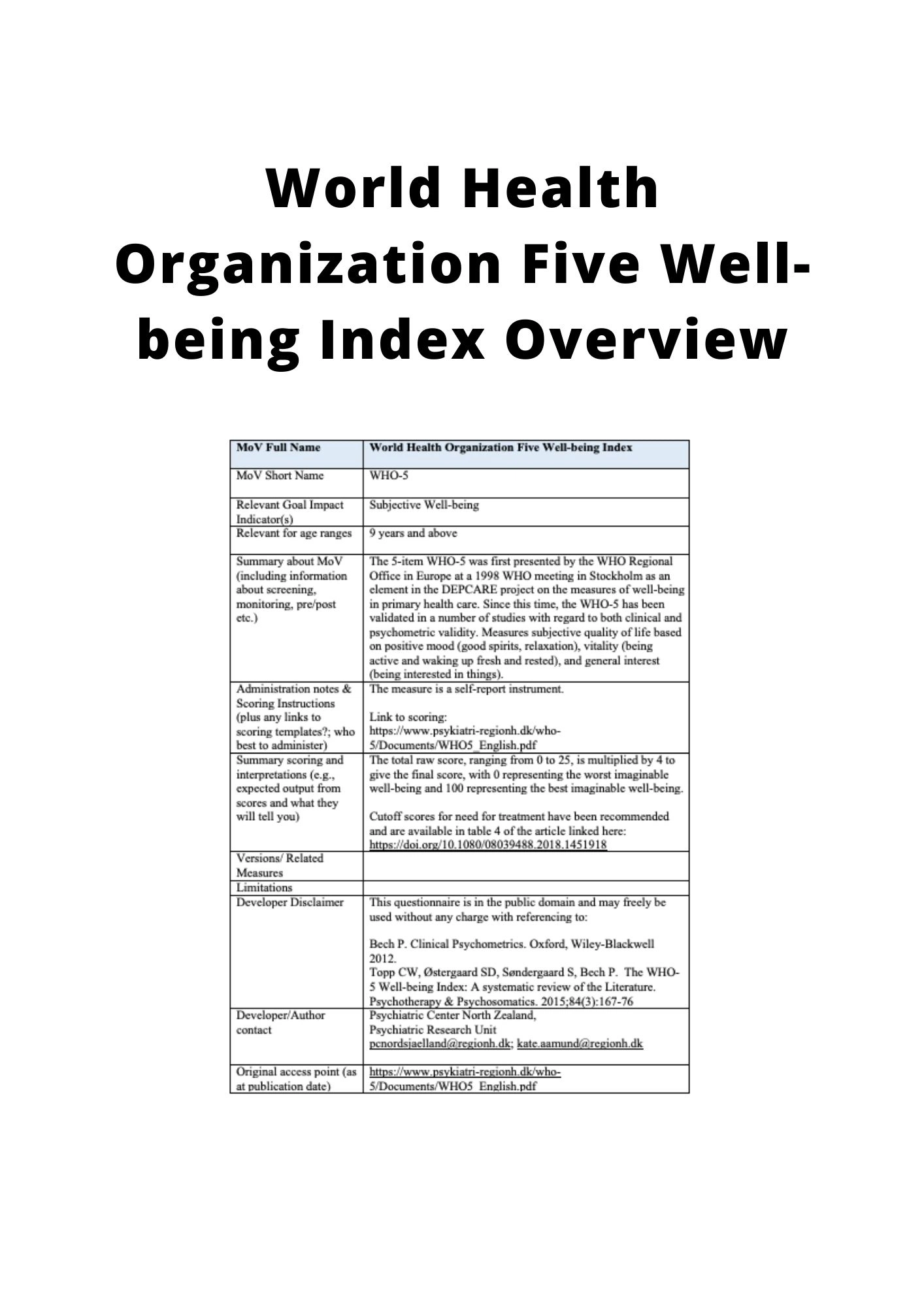 WORLD HEALTH ORGANIZATION FIVE WELL-BEING INDEX OVERVIEW - IASC MHPSS M ...