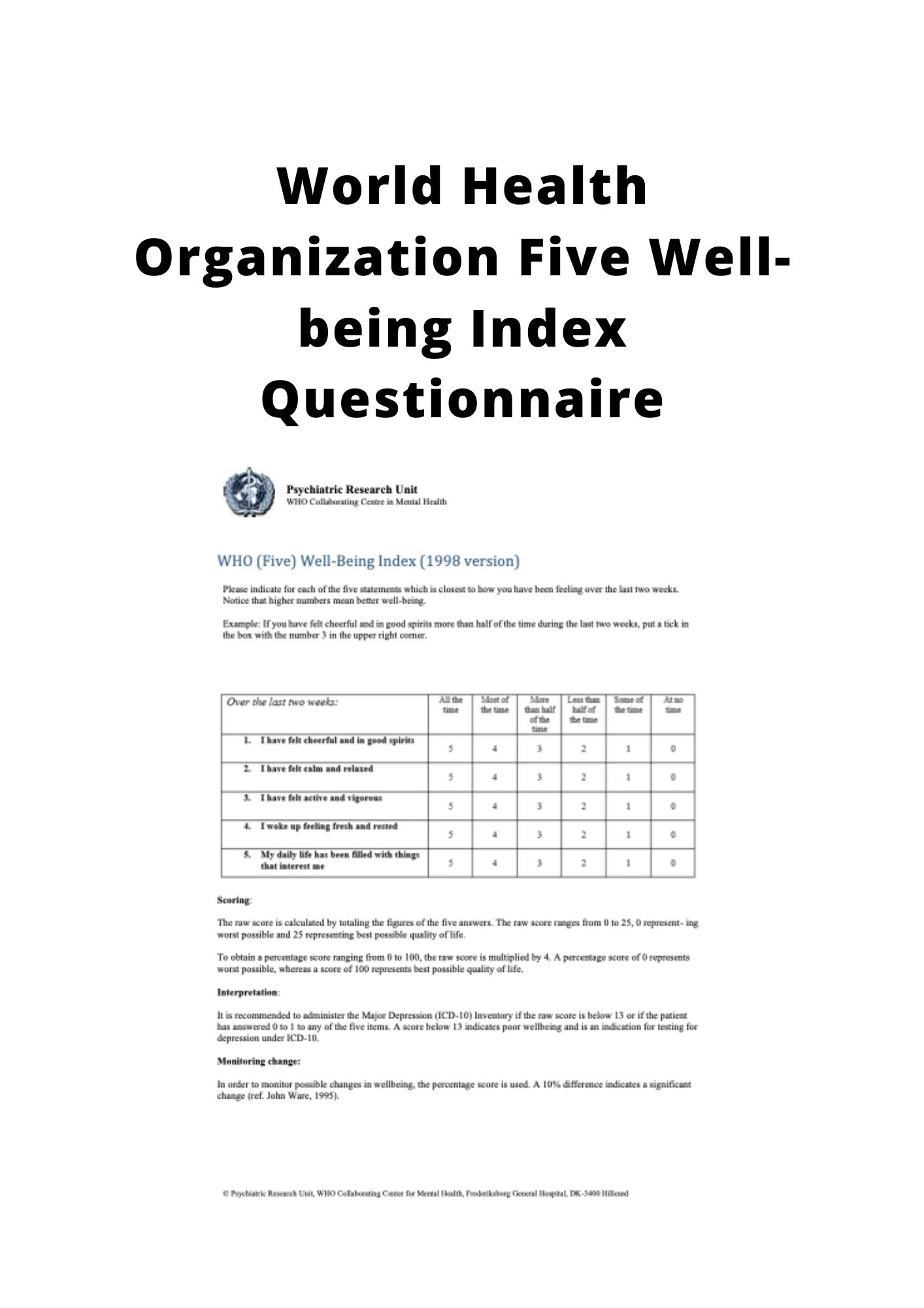 WORLD HEALTH ORGANIZATION FIVE WELL-BEING INDEX QUESTIONNAIRE - IASC ...