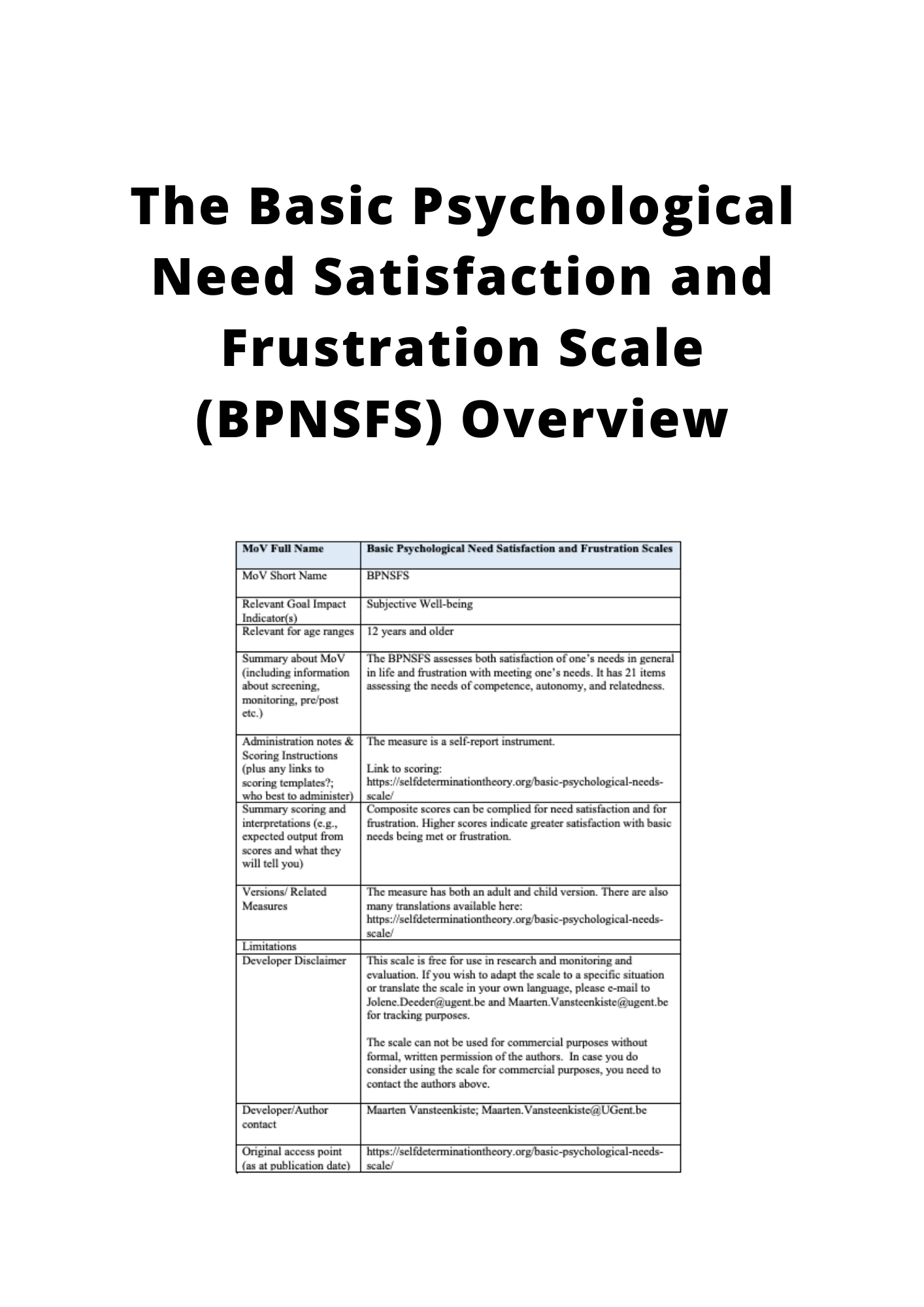 THE BASIC PSYCHOLOGICAL NEED SATISFACTION AND FRUSTRATION SCALE (BPNSFS) OVERVIEW - IASC MHPSS M ...