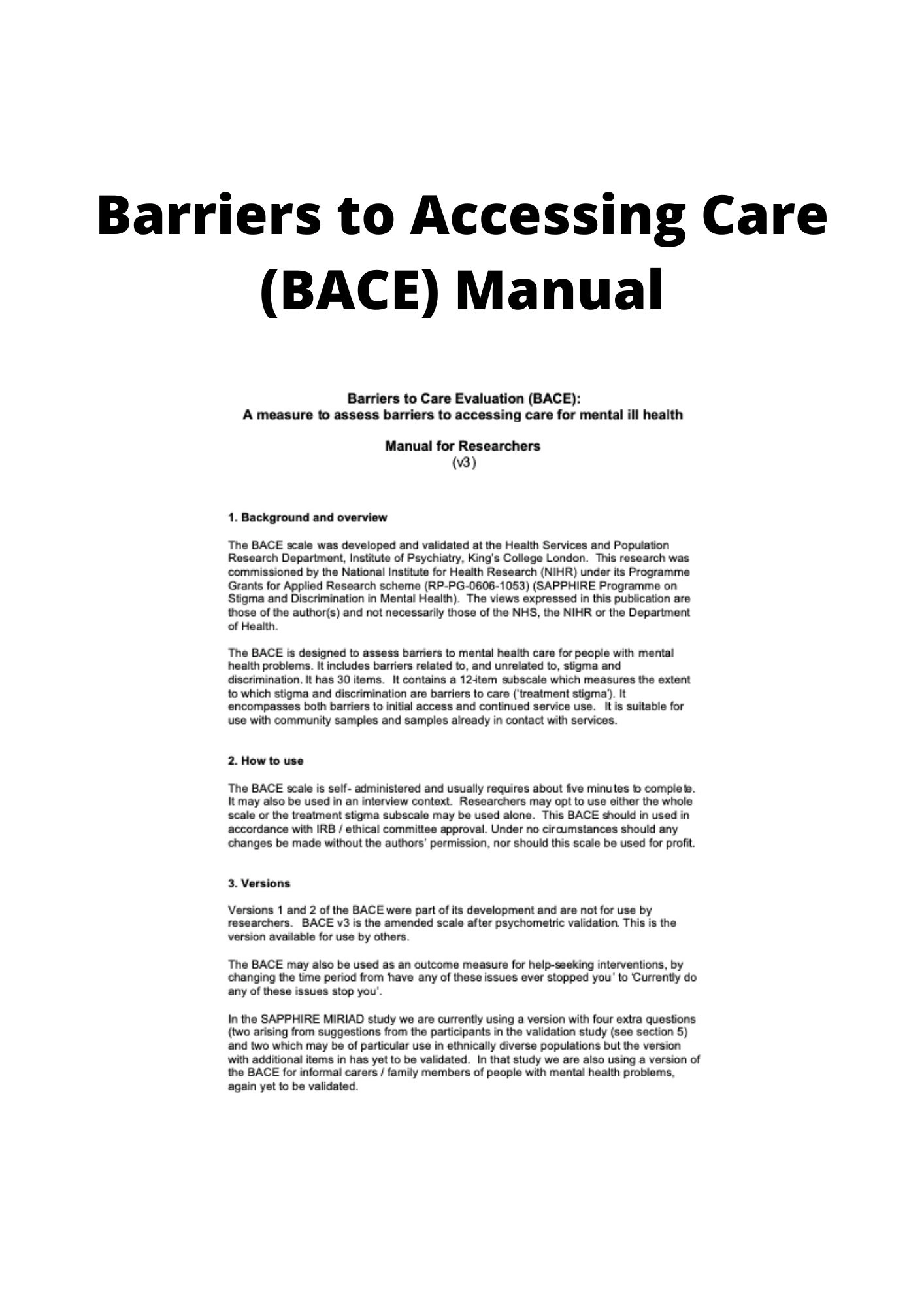 BARRIERS TO ACCESSING CARE (BACE) MANUAL - IASC MHPSS M&E FRAMEWORK MOV ...
