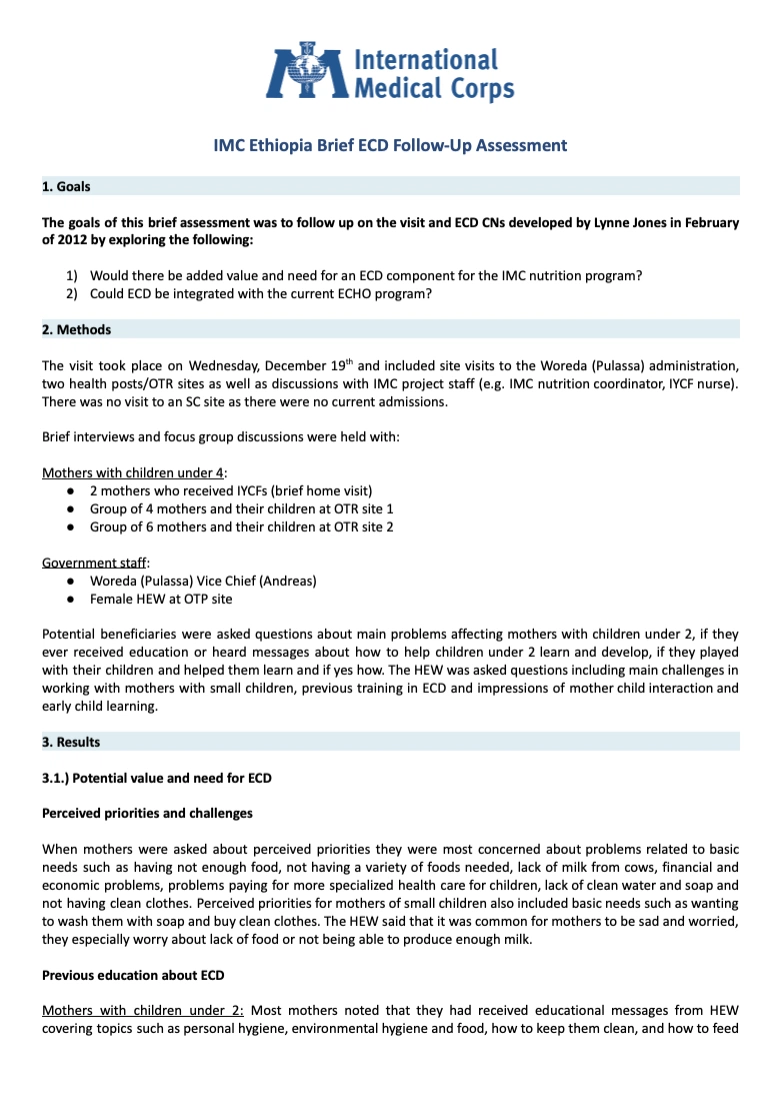 Brief ECD follow-up assessment - Mapping and Assessment Report ...