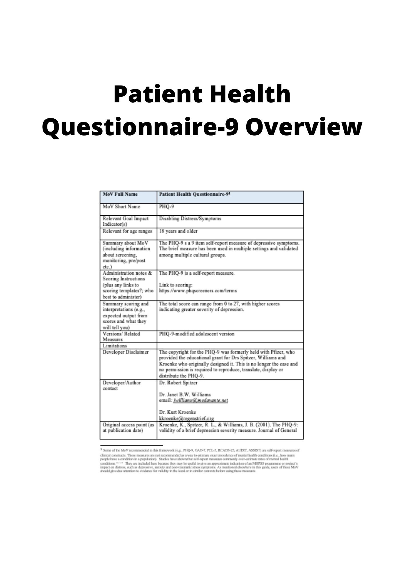 PATIENT HEALTH QUESTIONNAIRE-9 OVERVIEW - IASC MHPSS M&E FRAMEWORK MOV ...