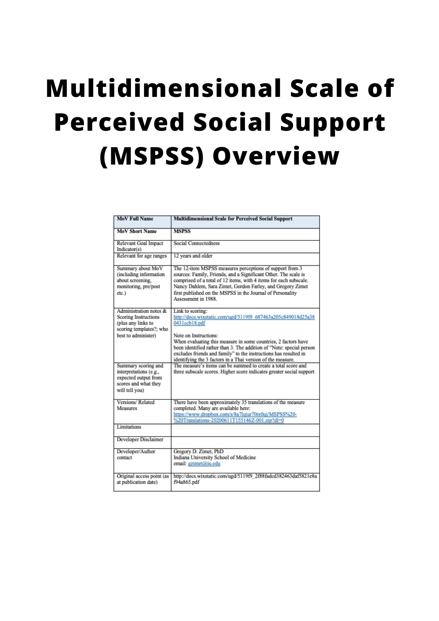 MULTIDIMENSIONAL SCALE OF PERCEIVED SOCIAL SUPPORT (MSPSS) OVERVIEW ...