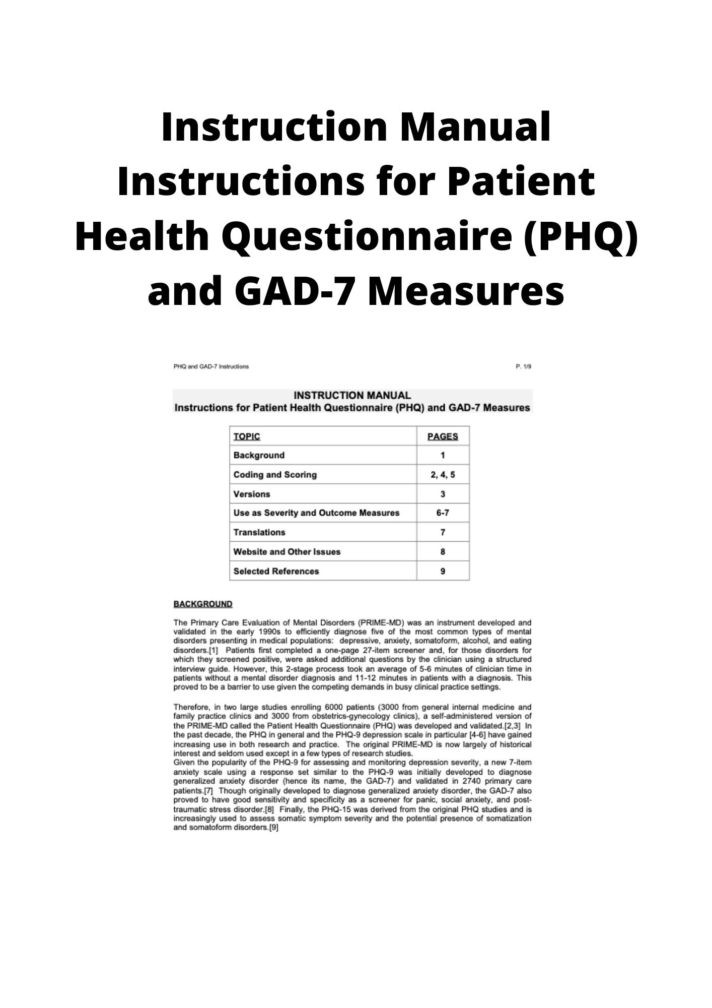 INSTRUCTION MANUAL INSTRUCTIONS FOR PATIENT HEALTH QUESTIONNAIRE (PHQ ...
