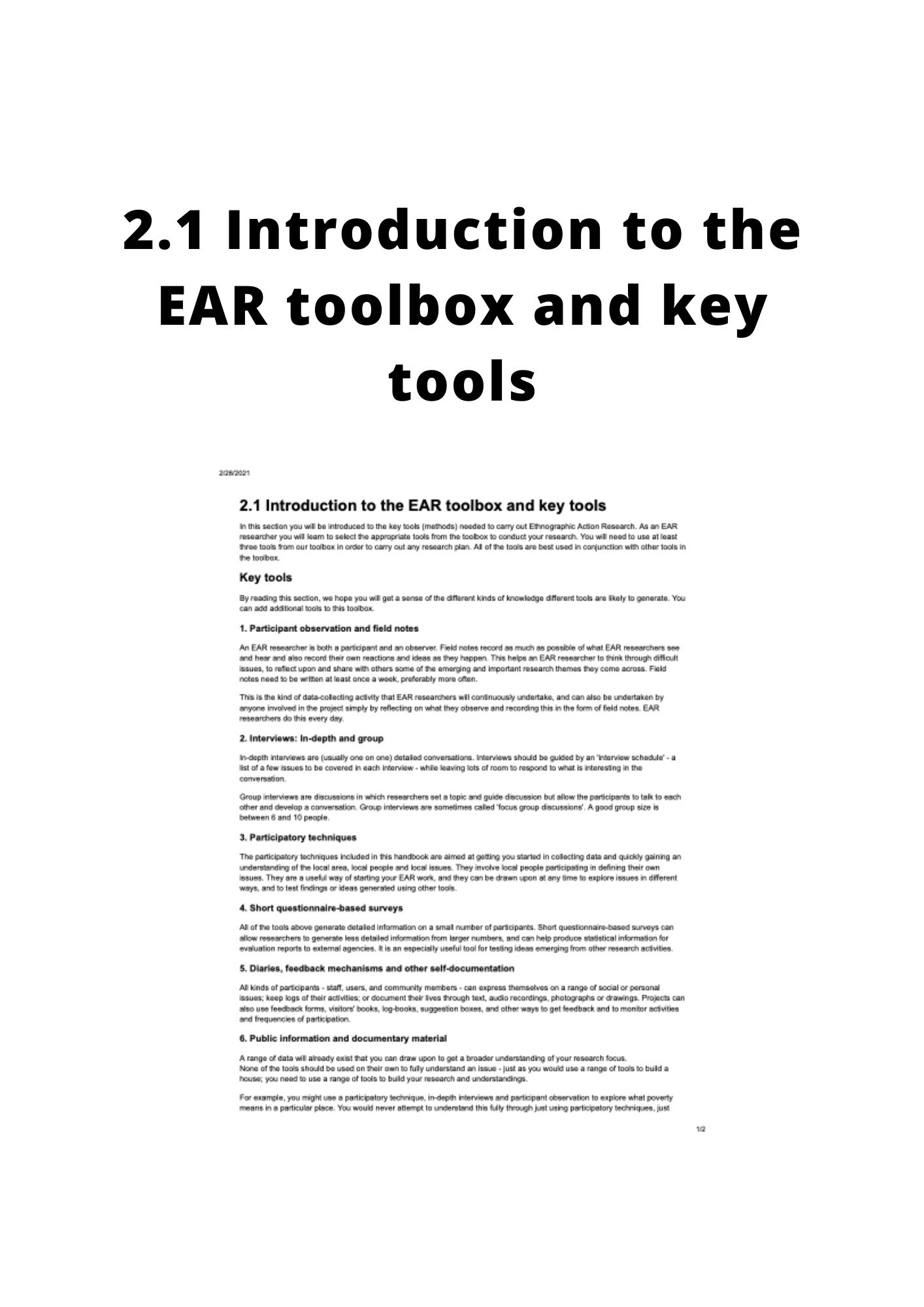 2.1 INTRODUCTION TO THE EAR TOOLBOX AND KEY TOOLS - IASC MHPSS M&E ...