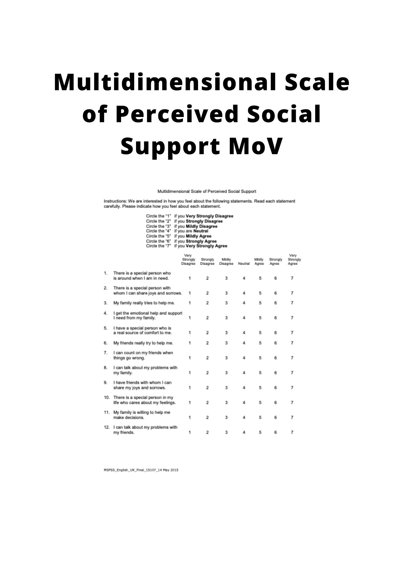 MULTIDIMENSIONAL SCALE OF PERCEIVED SOCIAL SUPPORT MoV - IASC MHPSS M&E ... MULTIDIMENSIONAL SCALE OF PERCEIVED SOCIAL SUPPORT MoV - IASC MHPSS M&E ...